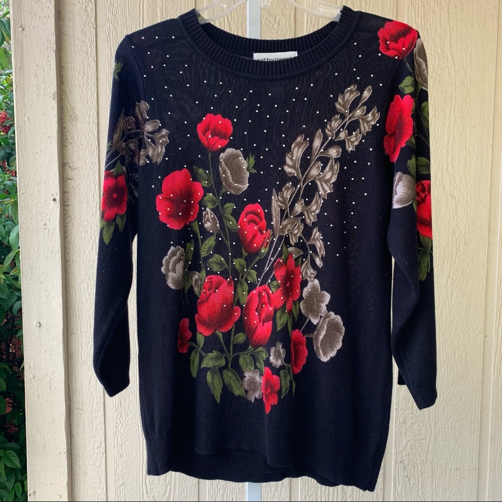 Cathy Daniels Black & Red Rose Crewneck Sweater |L - Gem